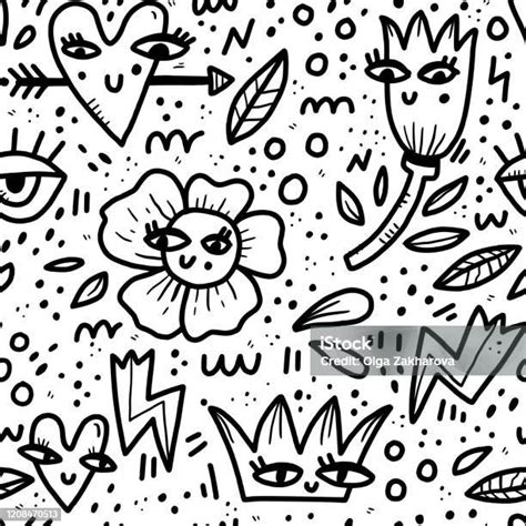 초현실적 인 기호 손으로 그린 선형 원활한 패턴 재미있는 개체 흑백 텍스처 눈 윤곽 벡터 일러스트와 다양한 추상 항목 창조적 인 섬유 낙서 스타일 디자인 검은색에 대한 스톡