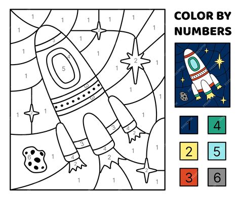 우주에서 작은 로켓 숫자에 따라 색칠 어린이용 게임 카와이 만화 터 프리미엄 벡터