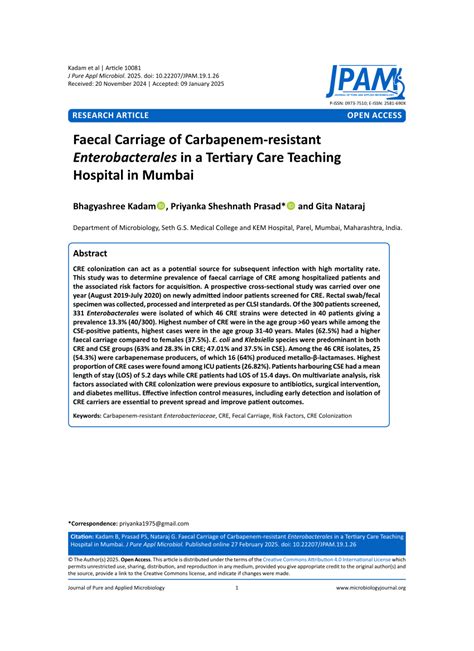 Pdf Faecal Carriage Of Carbapenem Resistant Enterobacterales In A Tertiary Care Teaching