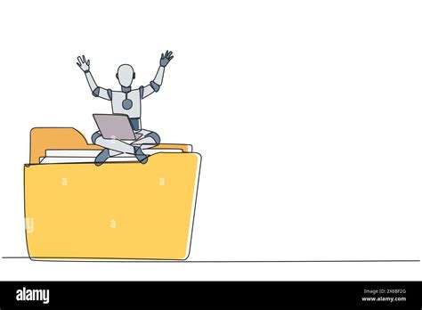 Single One Line Drawing Robotic Artificial Intelligence Sitting On Giant Folder Holding Laptop