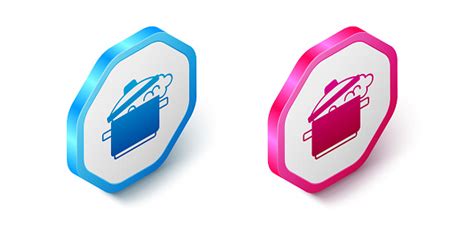 흰색 배경에 격리 된 등색 요리 냄비 아이콘 끓이거나 음식 기호를 스튜 육각 버튼 벡터 3차원 형태에 대한 스톡 벡터 아트 및 기타 이미지 Istock