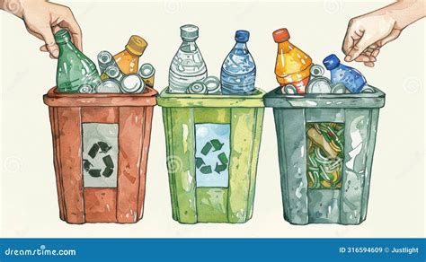 An Illustration Of A Person Sorting Different Types Of Recyclables Into Labeled Bins