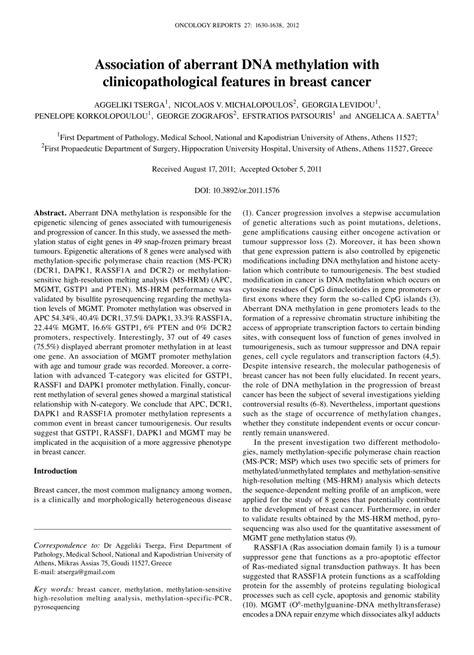 Pdf Association Of Aberrant Dna Methylation With Clinicopathological Features In Breast Cancer