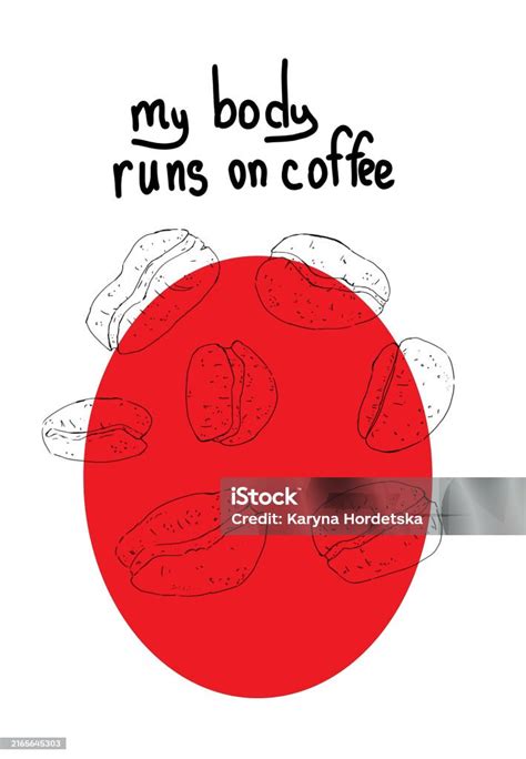 빨간 타원형 배경에 비행 중인 커피 원두와 함께 내 몸이 달리는 문구와 함께 인쇄 그래픽 스타일의 커피 컬러 일러스트레이션