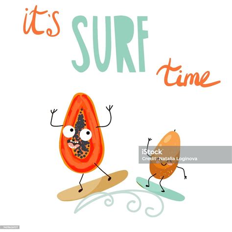 벡터 일러스트 레이 션 캐릭터 만화 재미있는 파파야 서퍼의 커플 레터링 그것은 서핑 시간 여름 분위기 재미있는 과일 유기농 아이 개념 Friendly Match에 대한 스톡