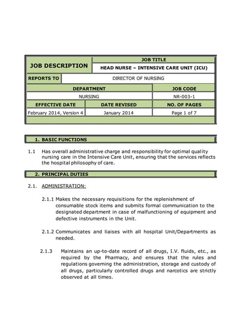 Head Nurse Intensive Care Unit Icu Job Description Docx