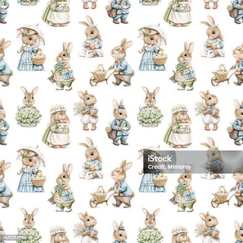 만화 토끼와 빈티지 부활절 개체가 있는 수채화 매끄러운 패턴 0명에 대한 스톡 벡터 아트 및 기타 이미지 0명 고리 세공 공휴일 Istock