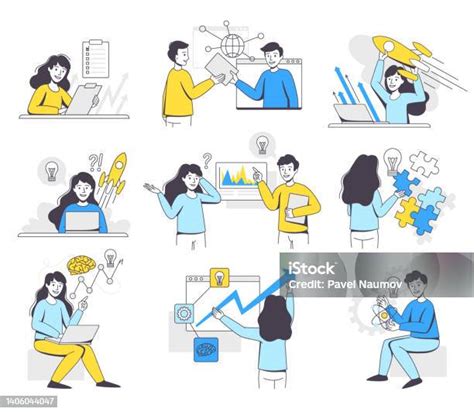 시작 개요 벡터 일러스트 레이 션 세트로 작업하는 사람들 캐릭터가있는 비즈니스 프로젝트 개발에 대한 스톡 벡터 아트 및 기타
