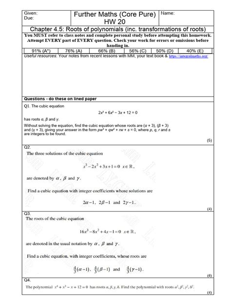 Hw20 Roots Of Polynomials Transformations Of Roots Pdf