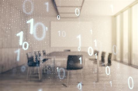 Premium Photo Abstract Virtual Binary Code Sketch On A Modern Boardroom Background Hacking And