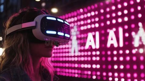 Woman Exploring Virtual World Immersed In Artificial Intelligence Technology At Night Stock