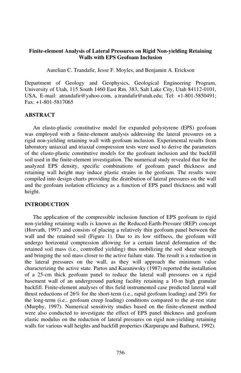 Pdf Finite Element Analysis Of Lateral Pressures On Rigid Non Yielding Retaining Walls With