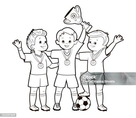 색칠 공부 목에 메달을 걸고 있는 세 명의 젊은 축구 선수가 컵을 손에 들고 있는 축구 경기에서 승리를 축하합니다 벡터 일러스트레이션 만화 흑백 선 아트 건강한 생활방식에