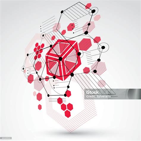 모듈형 바우하우스 3d 벡터 배경 육각형 동그라미와 라인 같은 기하학적 수치에서 만든 광고 포스터 또는 배너 디자인으로 사용 합니다 붉은 색으로 만든 추상 기계 체계입니다