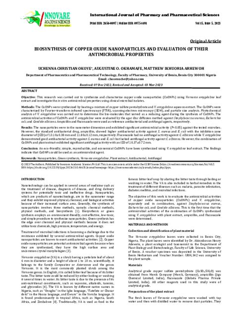 Pdf Biosynthesis Of Copper Oxide Nanoparticles And Evaluation Of Their Antimicrobial