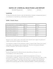 Lab Report RATES OF CHEMICAL REACTIONS LAB REPORT Michelle Reyazuddin Period
