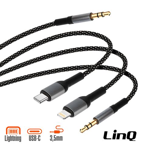 Cabo Áudio 3 Em 1 Jack 3 5mm Para Jack 3 5mm Lightning E Usb C Nylon Trançado 1 5m De