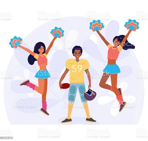 치어 리더 팀과 만화 플랫 스타일의 스포츠맨 미식 축구 선수를 만나는 기쁨을 위해 점프 폼폰과 유니폼을 입은 아프로 아메리칸 소녀 벡터 스톡 일러스트 Championship