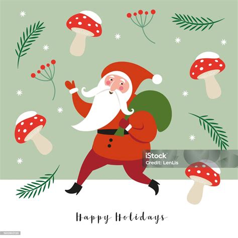 Christmas Card Cute Santa Claus With T Amanita Mushrooms Background