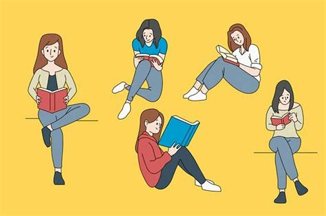 手绘正在阅读看书的女孩韩国小清新插画矢量图设计素材 花瓣网