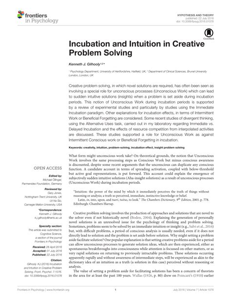 Pdf Incubation And Intuition In Creative Problem Solving