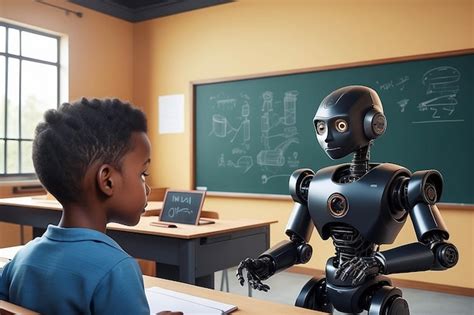 Modern Black Robot Student Learning At Blackboard In Classroom Premium Ai Generated Image