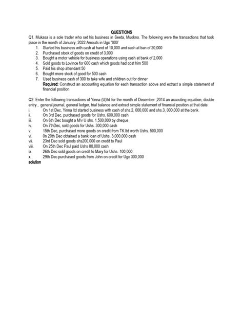 Accounting Equation And Double Entry Questions Pdf Debits And Credits Equity Finance