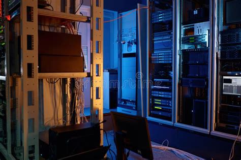 Server Room Of Modern Data Center With Racks And Wires Stock Image Image Of Internet