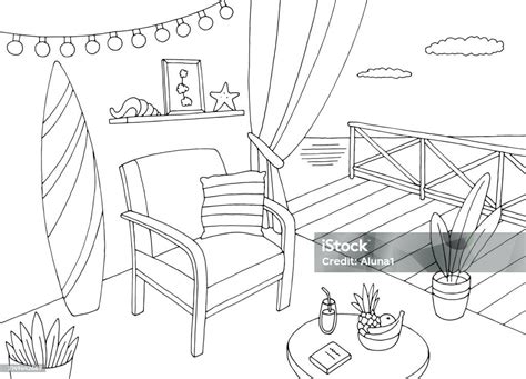 바다 오두막 인테리어 그래픽 블랙 화이트 스케치 일러스트 벡터 가구에 대한 스톡 벡터 아트 및 기타 이미지 가구 가정의 방