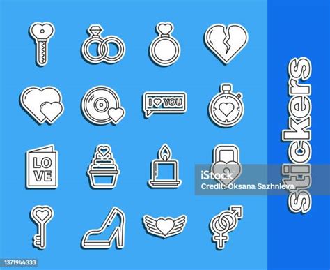 세트 라인 성별 마음의 모양의 성 심장 센터 스톱워치 결혼 반지 낭만적 인 음악 키와 음성 거품 나는 아이콘을 사랑해요 벡터 0명에 대한 스톡 벡터 아트 및 기타 이미지