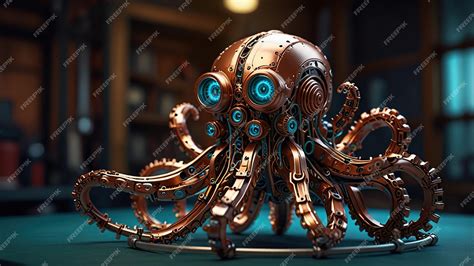 A Steampunk Octopus Robot With Glowing Blue Eyes Stands On A Green