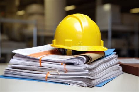 Stack Of Liability Forms Near A Workplace Safety Poster Stock