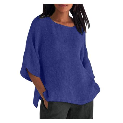 Blvb Summer Cotton Linen Tops For Women Half Sleeves Crewneck Basic T
