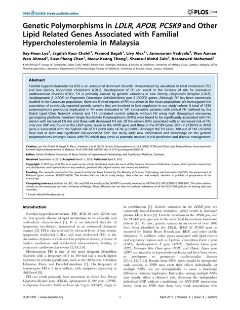 Pdf Genetic Polymorphisms In Ldlr Apob Pcsk9 And Other Lipid Related Genes Associated With