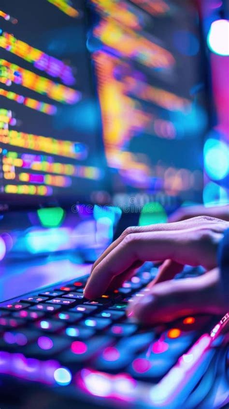 Hands Typing On Colorful Keyboard With Coding Screen Generative Ai Stock Illustration