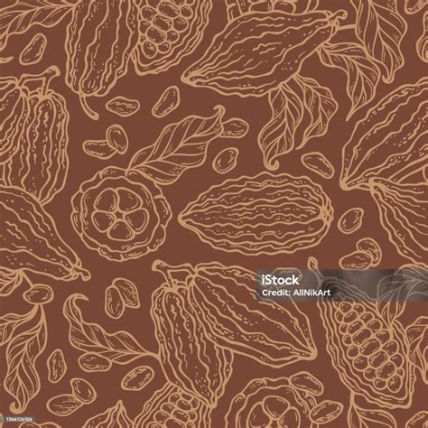 코코아 콩과 잎 벡터 원활한 패턴 카카오 포드 과일 꽃 배경 브라운 초콜릿 색상 코코아 콩에 대한 스톡 벡터 아트 및 기타 이미지 코코아 콩 트로피컬 패턴 건강한