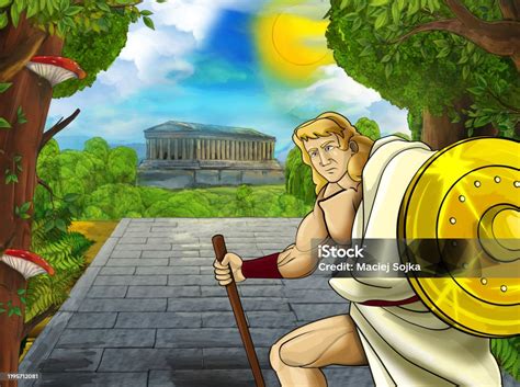 도시로 가는 길에 사원과 같은 고대 건물 근처의 로마 또는 그리스 고대 캐릭터가있는 만화 장면 건축에 대한 스톡 벡터 아트 및 기타 이미지 Istock