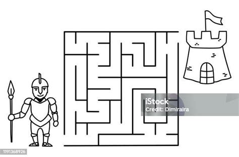 미로와 검은 색칠 페이지 만화 기사와 성 어린이 교육 예술 게임 흰색 배경에 템플릿 디자인입니다 윤곽선 벡터 Warrior