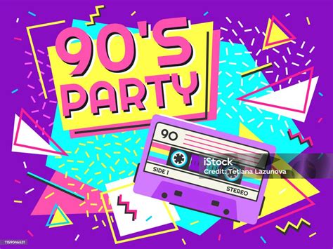 복고풍 파티 포스터입니다 구니 음악 빈티지 테이프 카세트 배너 및 90 년대 스타일 벡터 배경 일러스트 파티에 대한 스톡 벡터 아트 및 기타 이미지 Istock