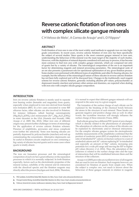 Pdf Reverse Cationic Flotation Of Iron Ores With Complex Silicate Gangue Minerals