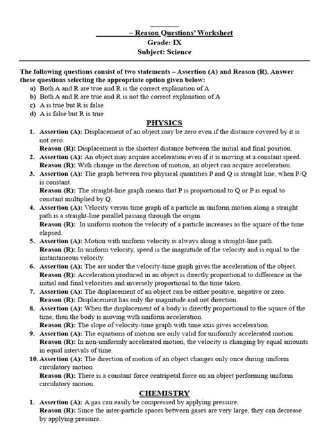 Assertion Reason Worksheet 1 Pdf