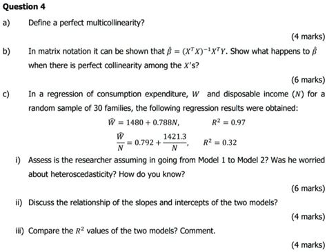 Solved Question 4 Define Perfect Multicollinearity 4 Marks In Matrix