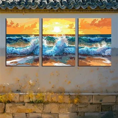 3pcs Vibrant Sea At Dusk With Waves Illustration Metal Print Ready To