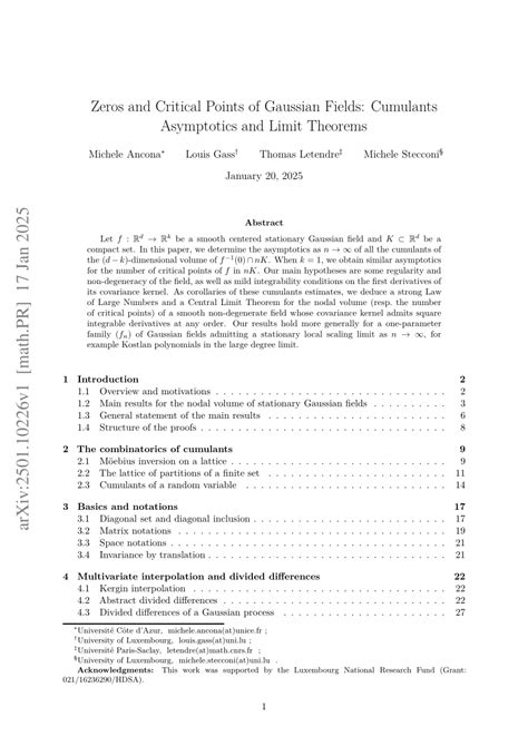 Pdf Zeros And Critical Points Of Gaussian Fields Cumulants Asymptotics And Limit Theorems