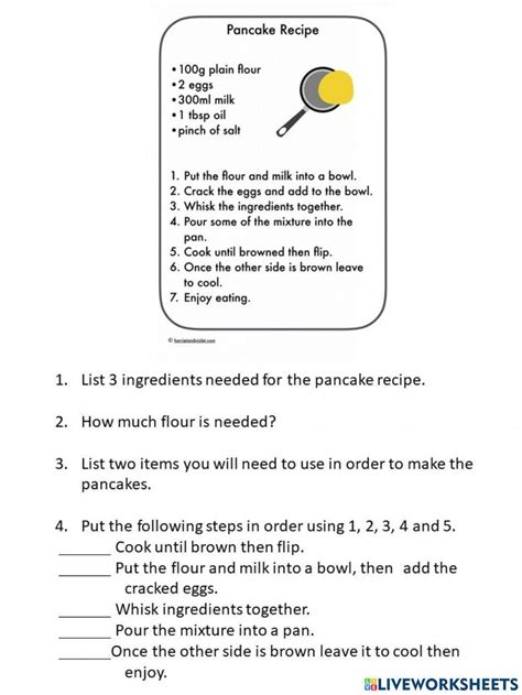 Recipe Questions Worksheets