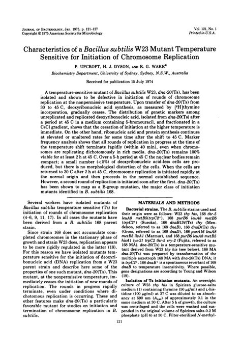 Pdf Characteristics Of A Bacillus Subtilis W23 Mutant Temperature Sensitive For Initiation Of