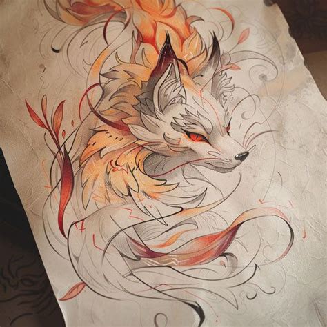Fantastical Kitsune Tattoo Outlines Watercolor Fox Tattoos Fox