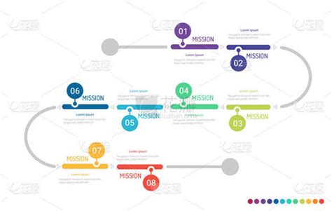 时间线信息图形模板，矢量信息图形时间表设计模板，有8个步骤，矢量插图，可用于工作流布局、图表、数字升