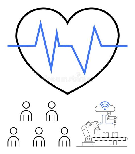Heartbeat Graph In Heart Shape Above People Figures And Industry 4 0 Automation With Robotic Arm