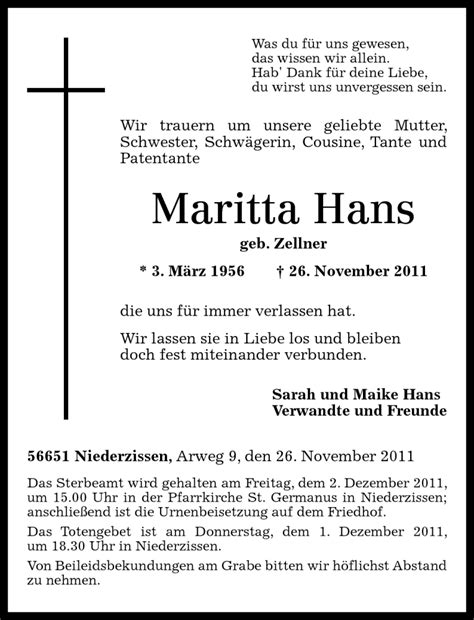 Traueranzeigen Von Maritta Hans Rz Trauerde